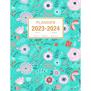 Planner July 2023-2024 June: 8.5 x 11 Large Notebook Organizer with Hourly Time Slots | Cute Pastel Floral Design Turquoise