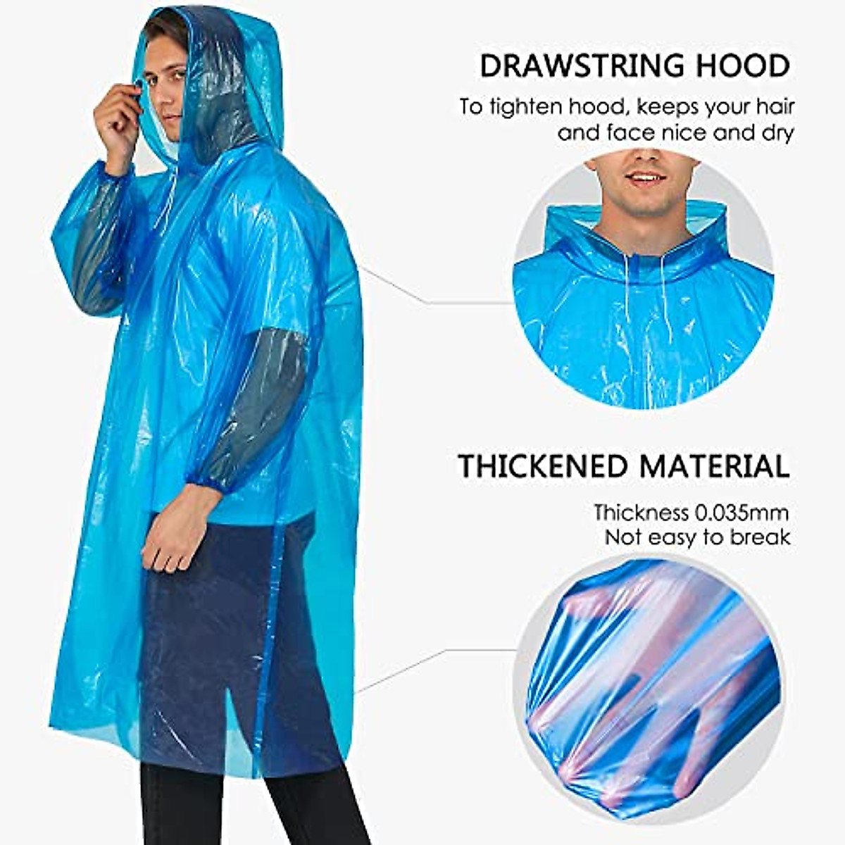 Airpler Disposable Rain Ponchos for Family Adults 4 Pack (Clear) - Emergency Rain Ponchos for Women and Men with Drawstring Hood