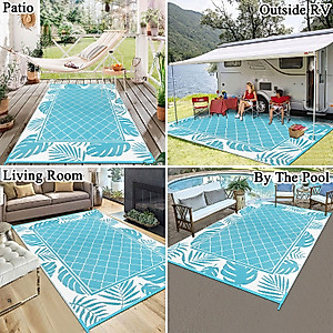 Ileading Outdoor Rug Carpet for Patio 4' x6' Waterproof Reversible Plastic Straw Rug Portable Outside Area Rug Camping Mat for Patio, Clearance, Balcony, Picnic, Pool, Beach, RV, Deck, Leaf Teal