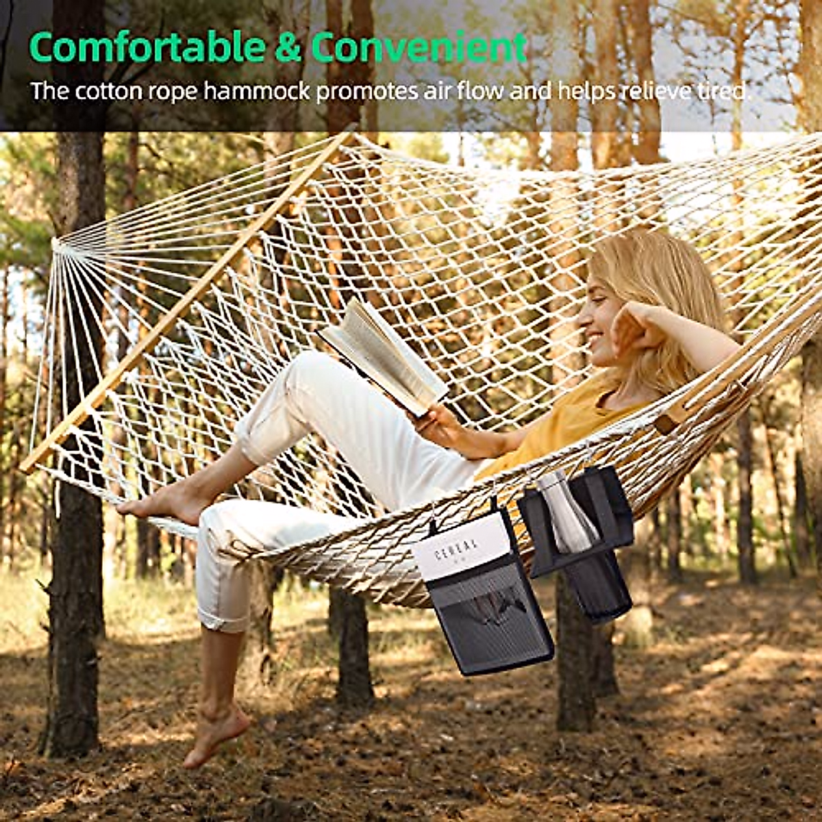 Cotton Rope Hammock with Tree Straps Kit, Ohuhu 52-Inch Wide 2 Person Hammocks for Outside with Bottle Holder & Side Pocket, All-in-One Double Hammock for Indoor Outdoor Garden Patio Yard Balcony