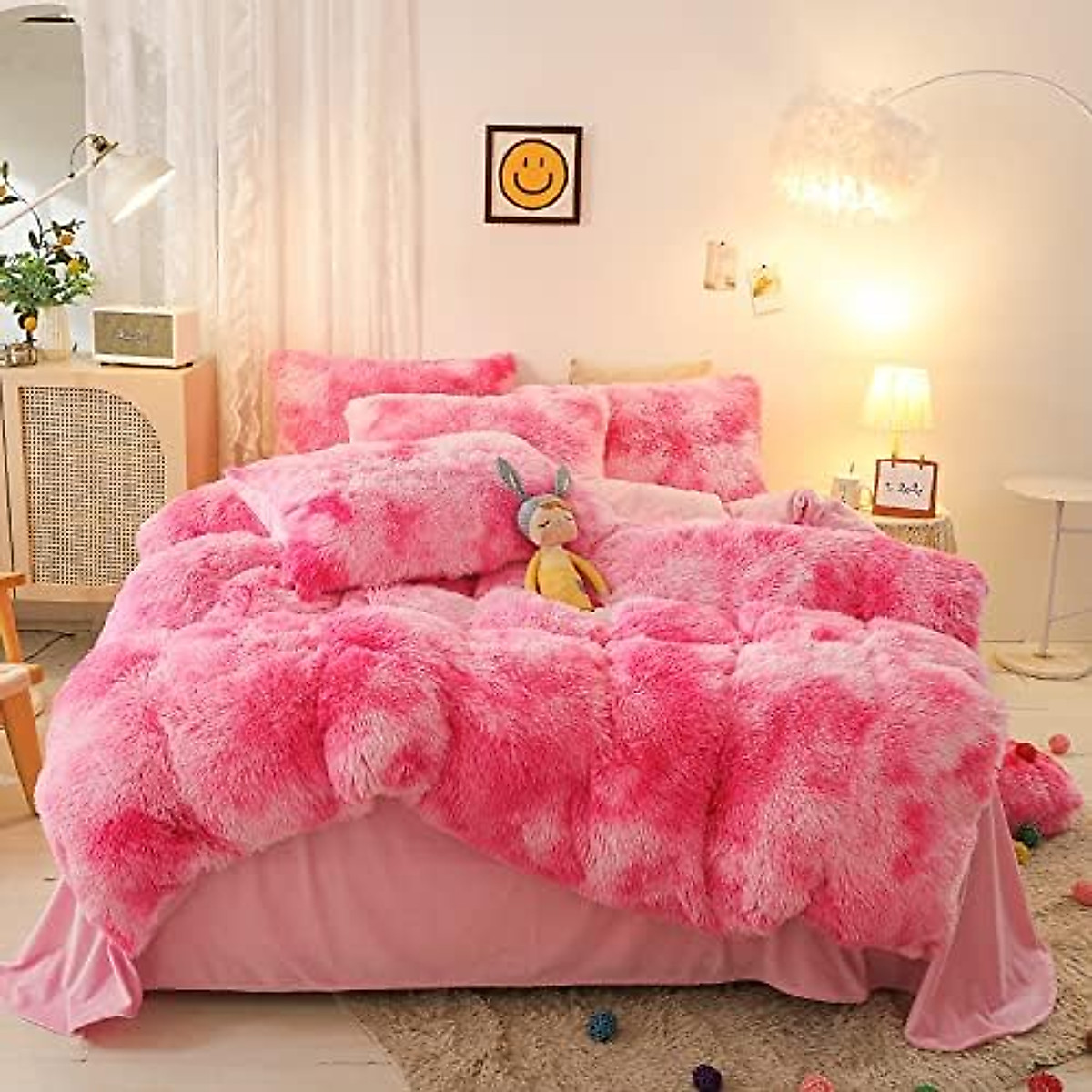 Jameswish Shaggy Plush Duvet Cover Set Super Soft Fluffy Faux Fur Comforter Cover Set Luxury Fuzzy Bedding Set 3 Piece(1Duvet Cover+2Pillowcases) with Zipper Closure(Full Size,Pink White Ombre)