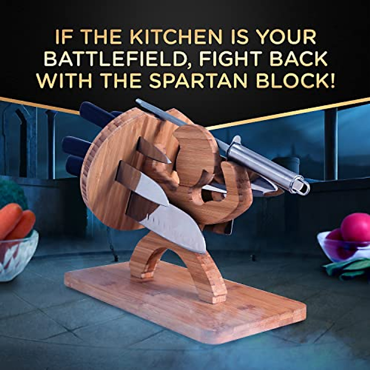 Spartan Knife Block- Complete Damascus Style Knife Set for Men- 5 Chef Knives, Knife Sharpener & Bamboo Spartan Knife Holder. Funny Stabbed Man Knife Holder- Unique Knife Holder
