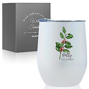Birthday Month Flower Tumbler, Birth Flower Gifts for Her, Unique Birthday Presents for Women, Mum, Wife, Girlfriend, Daughter, Best Friend, Coffee and Wine Tumbler 12oz (December, Holly)