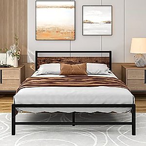 Crocofair Queen Size Bed Frame with Wooden Headboard and Footboard,Heavy Duty Metal Platform Bed Frame with Storage,Mattress Foundation Easy Assembly No Box Spring Needed(Rustic Brown)