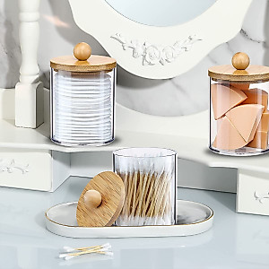 3Pcs Qtip Holder Dispenser, Apothecary Jars with Bamboo Lids, Clear Acrylic Bathroom Jars with Tray, Cotton Swab Storage Dispenser, Reusable Bathroom Canisters, Cotton Swab Holder Dispenser for Makeup