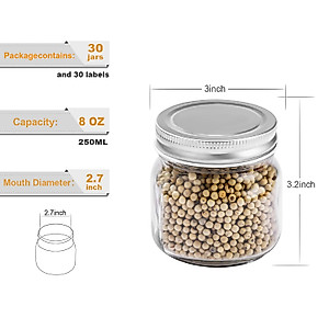 Rainforce Small Glass Mason Jars 8 oz 30 Pack With Silver Lids -1/4 Quart Canning/ Storage Pickling Jars For Jelly, Jam, Honey, Pickles and Spice With Free 30 Chalkboard Labels