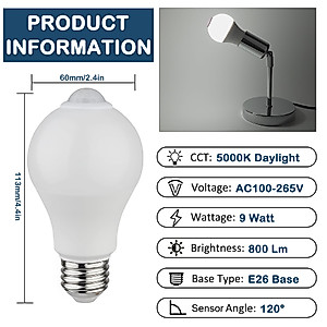 Motion Sensor Light Bulbs - 9W (60W Equivalent) E26 Motion Activated LED Light Bulb 5000K Daylight Dusk to Dawn Security Bulb Auto On Off Indoor Outdoor for Front Door Porch Basement Closet(2 Pack)