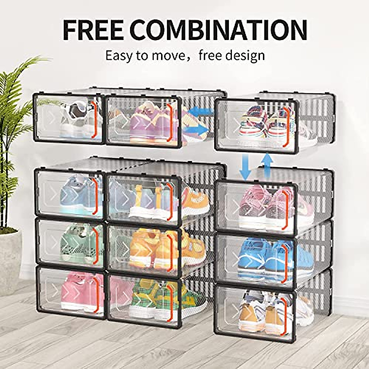 Gardace 12 Pack Shoe Organizer, Clear Plastic Stackable Shoe Organizer for Closet, with Red Door Handle, Universal Shoe Storage Boxes for Men and Women, Multifunctional Closet Organizers and Storage