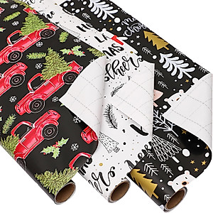 BULKYTREE Christmas Wrapping Paper with Cut Lines for Kids Boys Girls - 3 Mini Rolls Vintage Red Truck, Xmas Greetings Tree, Polar Bear in Black & White - Holiday Gift Wrap Bundle, 17.7 X 120 Inch Per