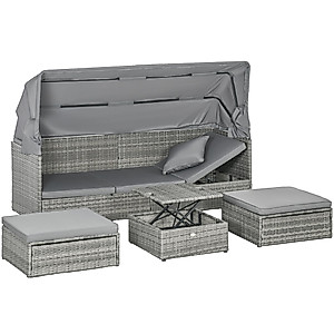 Outsunny 4 Piece Patio Furniture Set with Cushions, PE Rattan Daybed with Retractable Canopy, Outdoor Sectional Sofa Set with Adjustable Backrest, Height Adjustable Coffee Table, Light Gray