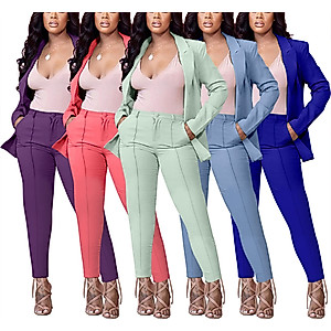 Women's 2 Piece Outfit Deep V Long Sleeve Solid Color Blazer with Pants Elegant Business Suit Sets Purple