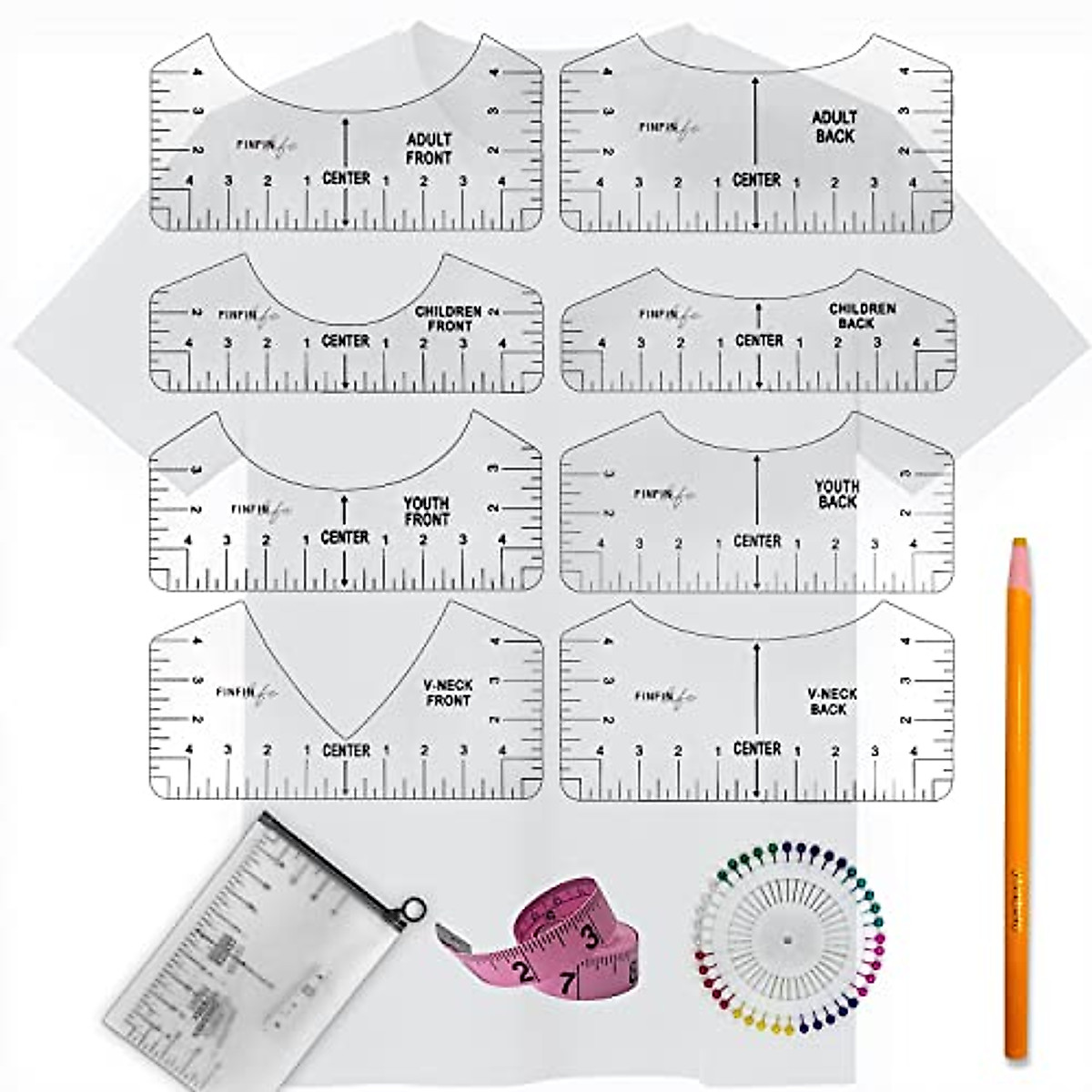 FINFINLIFE 11 Pcs Tshirt Ruler Guide for Vinyl Alignment, High Quality Shirt Ruler for Vinyl Alignment, V Neck, Tshirt Alignment Tool for Children Youth Adult Front and Back
