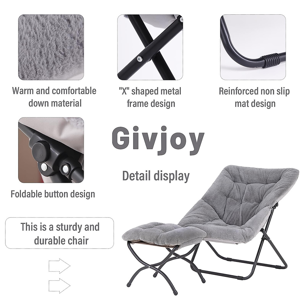 Givjoy Comfy Saucer Chair with Ottoman, Oversized Folding Faux Fur Chair Soft Furry Lounge Lazy Chair with Metal Frame Moon Chair Accent Chair for Bedroom, Living Room, Dorm Rooms