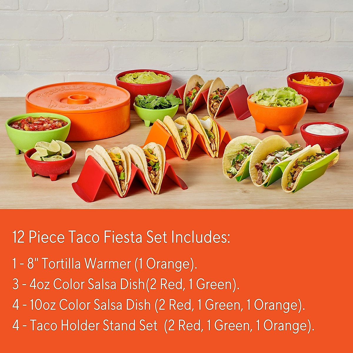 IMUSA 12 Piece Taco Fiesta Set, Kit Includes (1) 8" Tortilla Warmer, (3) Small Salsa Dishes, (4) Large Salsa Dishes (4) Taco Holder Stands