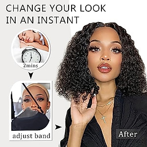 Xinjiju Ready to Go Glueless Wig Short Curly Bob Wigs for Black Women Glueless Human Hair 6x4 Glueless Bob Wig Pre Plucked Pre Cut Natural Hairline Water Wave Lace Front Wigs 200% Density 12 Inch