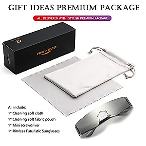 AIEYEZO Modern Fashion Rimless Futuristic Wrap Around Sunglasses Women Men Cyberpunk Visor Sun Glasses Trendy Future Shades (Silver/Silver Mirrored)