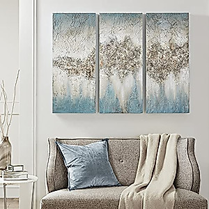 Madison Park Wall Art Living Room Décor - Embellished Hand Painted Canvas, Home Accent Glitter Abstract Bathroom Decoration Ready to Hang Painting for Bedroom, 15" W x 35" H x 1.5" D, Blue 3 Piece