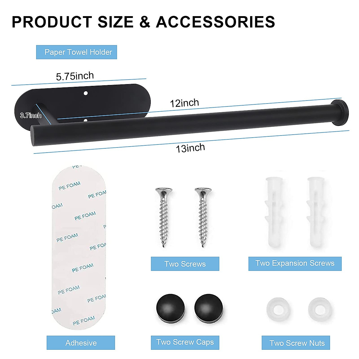 FGSAEOR Paper Towel Holder, Adhesive or Wall Mount Stand Rack Use for Paper Towel, Towels, Plastic Wrap, Stainless Steel Organization Shelf for Kitchen, Cabinet, Bathroom, Garage, Pantry (Black)