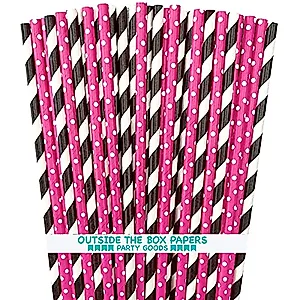 Outside the Box Papers Diva Theme Stripe and Polka Dot Paper Straws 7.75 Inches 100 Pack Hot Pink, Black, White