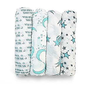 Adam & Elsa Baby Swaddling Blankets Organic Silky Soft Muslin Cotton Bamboo - Exclusive Prints - Boys & Girls Unique Gift Box - Unisex 4 Pack Oversized (Aqua Blue Wish Upon Star & Moon)