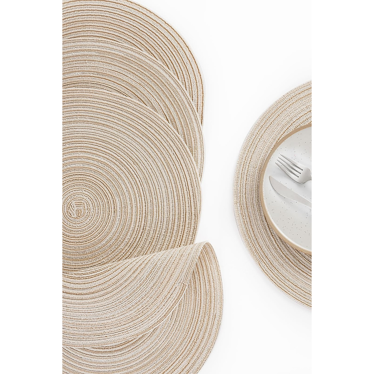 Floroom 15 Inch Round Braided Placemats Set of 4, Washable Heat Resistant Cotton Polyester Circle Place Mats for Kitchen Dining Table - Canvas Beige
