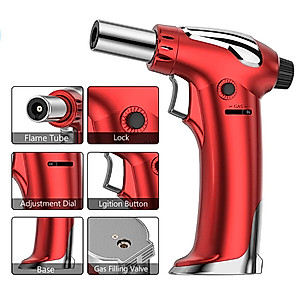 ZEBRE Butane Torch, Refillable Culinary Torch Kitchen Blow Torch Lighter with Adjustable Flame for Desserts, Creme Brulee, BBQ and Baking (Butane Gas Not Included) (Red)