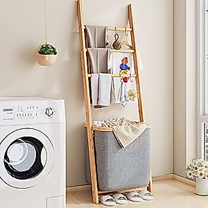 Blanket Ladder with Basket, 17.3”L x 55.1”H, Bamboo Towel Rack with Storage Hamper Basket, Blanket Holder Rack, Wall Leaning Decorative Ladder Shelf, Drying Display Rack for Bathroom Living Room Home