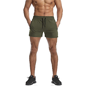EVERWORTH Men's Bodybuilding Gym Shorts Lightweight Workout Running Short Fitted Quick Dry Lifting Shorts with Zipper Pockets Green XL