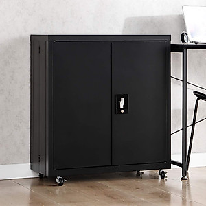 GEDELITE Metal Storage Cabinet with Wheels, Mobile Metal Cabinet, Steel Storage Cabinet with Adjustable Shelve and Locking Doors for Home and Office, Black