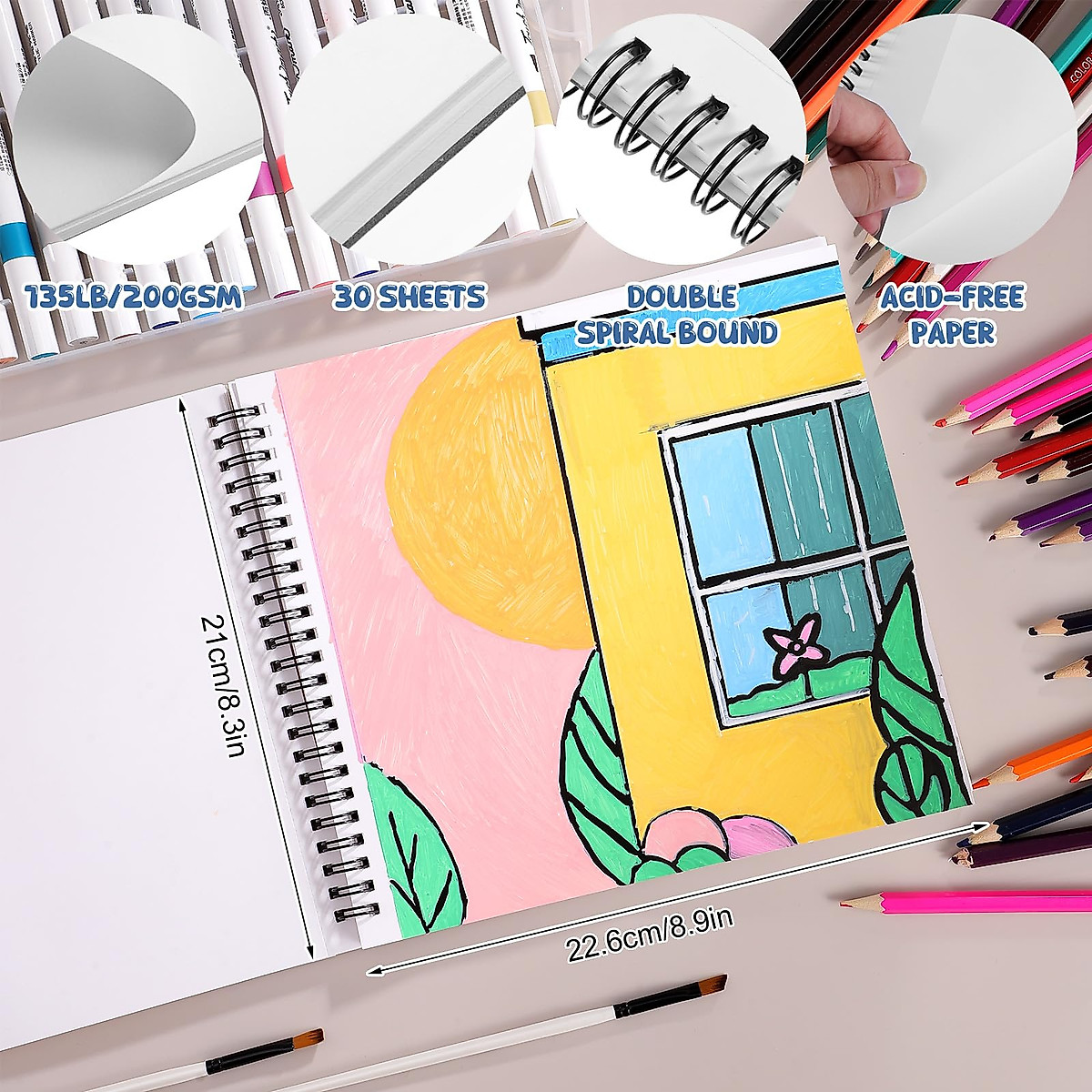 135lb/200gsm Marker Paper Pad, 8.3×8.9in Double Sided Bleedproof Sketch Pad, 30 Sheets Art Paper Spiral Sketchbook, Smooth Alcohol Marker Paper Painting Coloring Paper for DIY, Christmas Gifts