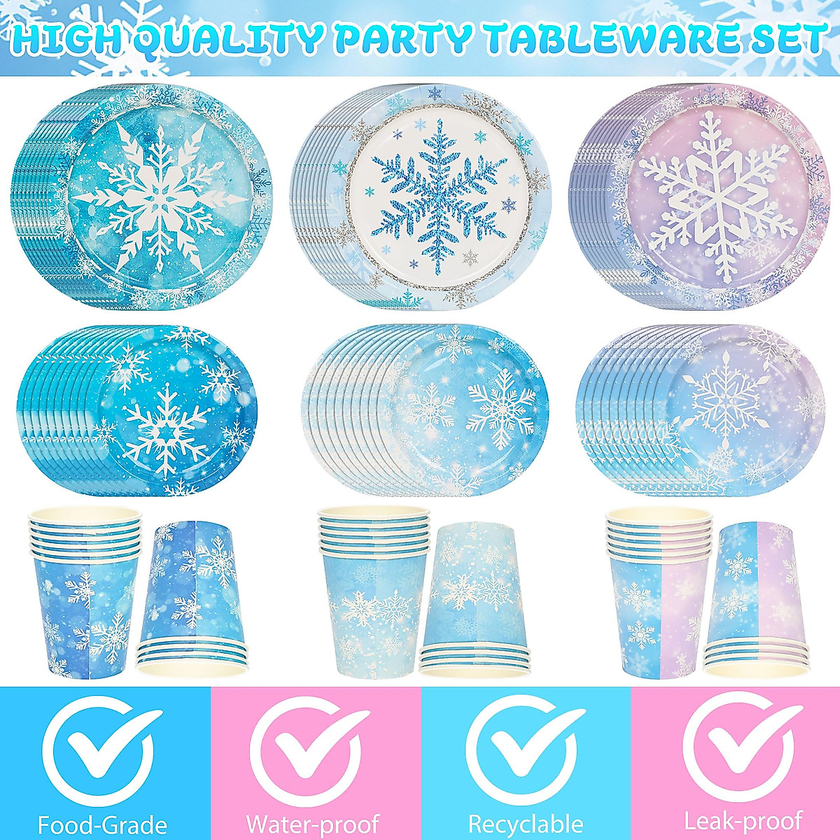 180PCS Snowflake Frozen Birthday Party Supplies for 30 Guests - Frozen Themed Party Tableware for Kids Holiday Birthday Party Baby Shower Decoration, Including Frozen Plates Cups Napkins Forks, Blue