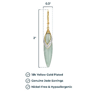 MORGAN & PAIGE 18K Yellow Gold Plated .925 Sterling Silver Genuine Green Jade and 1/20 Cttw Diamond Leaf-Shaped Leverback 2" Dangle Earrings (I-J Color, I2-I3 Clarity)