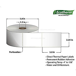Ecotherm 2.25x3 Thermal Labels - 840 Paper Stickers Per Roll - 6 Rolls - fits Zebra LP2824, LP2844, GC420, GK420, GX430, ZD220, ZD410, ZD420, ZD500, ZD620, ZP-500, GT800 Direct Thermal Printers