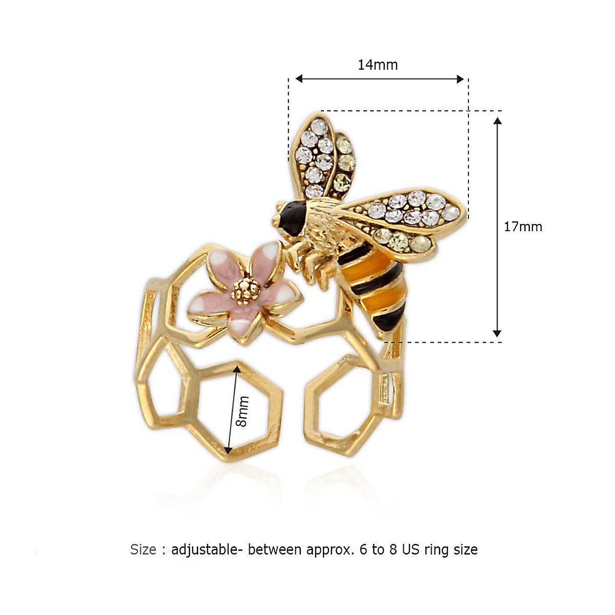 LAONATO Epoxy Honeybee and Flower Ring Plated Brass Adjustable Size (Gold)