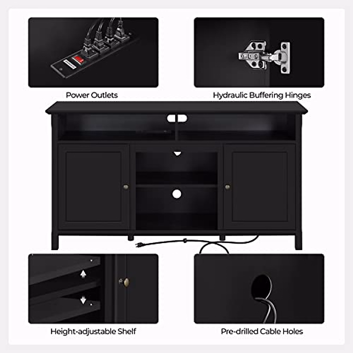 Yaheetech Black TV Stand with Doors for TVs up to 65 in, Modern TV Console with Power Outlet & Storage Shelf, Mid-Century Entertainment Center for Living Room, 31 in Tall
