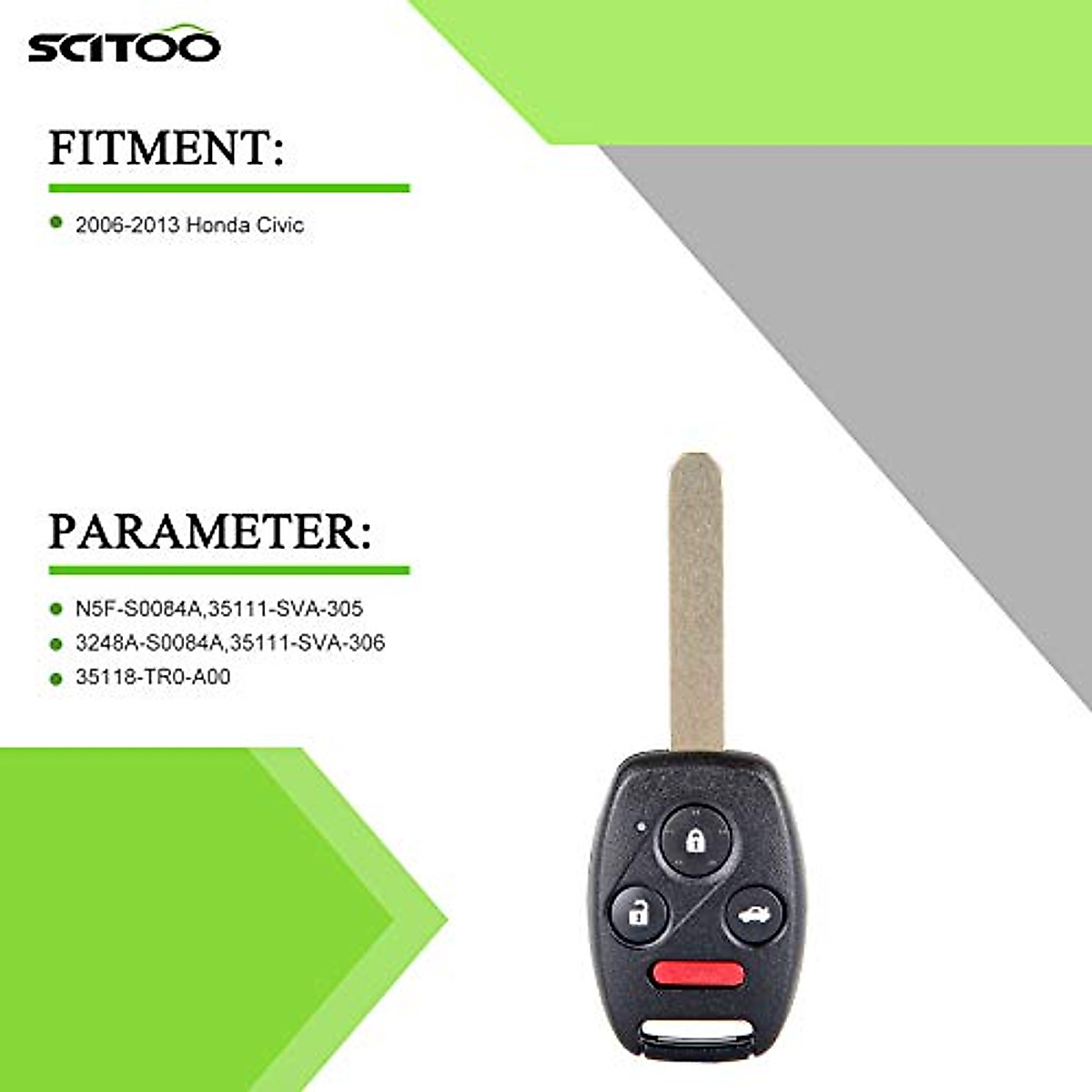 SCITOO 2pcs Uncut Car Key Fob Keyless Entry Remote Replacement for 2006-2013 for Civic FCC 35111-SVA-305 35111-SVA-306 35118-TR0-A00 4 Buttons
