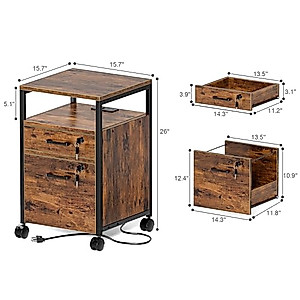 SUPERJARE File Cabinet with Lock & Charging Station, 2 Drawers Rolling Filing Cabinet, Office File Cabinet with Wheels & Open Shelf, for Home Office, A4/Letter Size Files - Rustic Brown