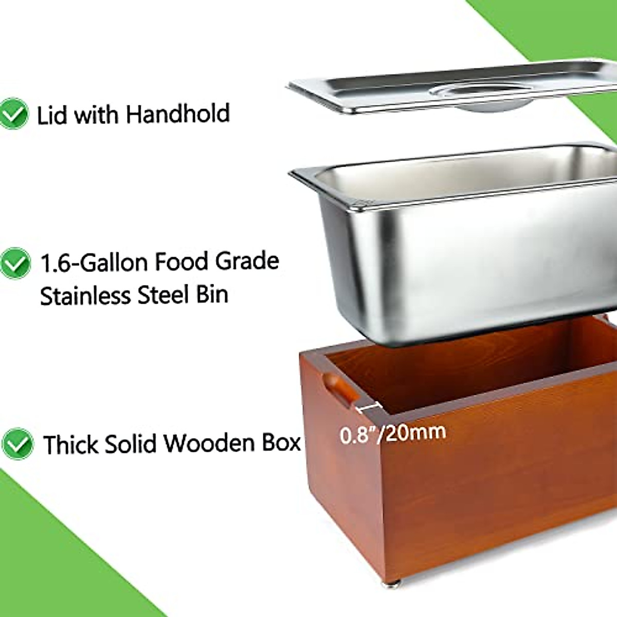 Kitchen Countertop Pine Wood Compost Bin, Stainless Steel Smell Proof Anti-Rust Insert with Lid and Pine Wood Box - 1.6 Gal (Brown)