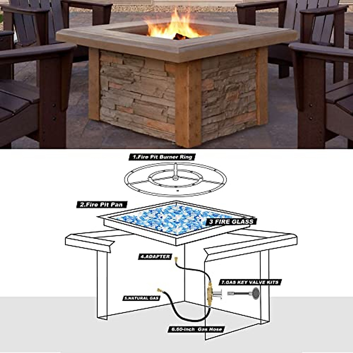 Skyflame Natural Gas Connection Hose, Complete NG Fire Pit Installation Kit from Burner to Natural Gas, Includes 1/2" Control Valve Key Set, 2 PCS 60" Connect Hoses