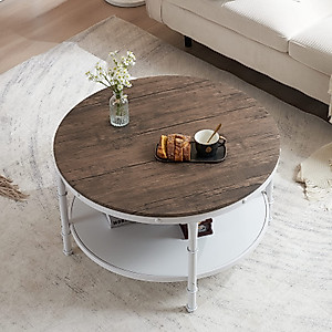 VINGLI 31.5" Dark Walnut White Round Farmhouse Coffee Table, 2-Tier Storage Wood Center Circle Accent Table for Living Room, Bedroom, Apartment, Studio and Small Spaces, Sturdy Metal Frame