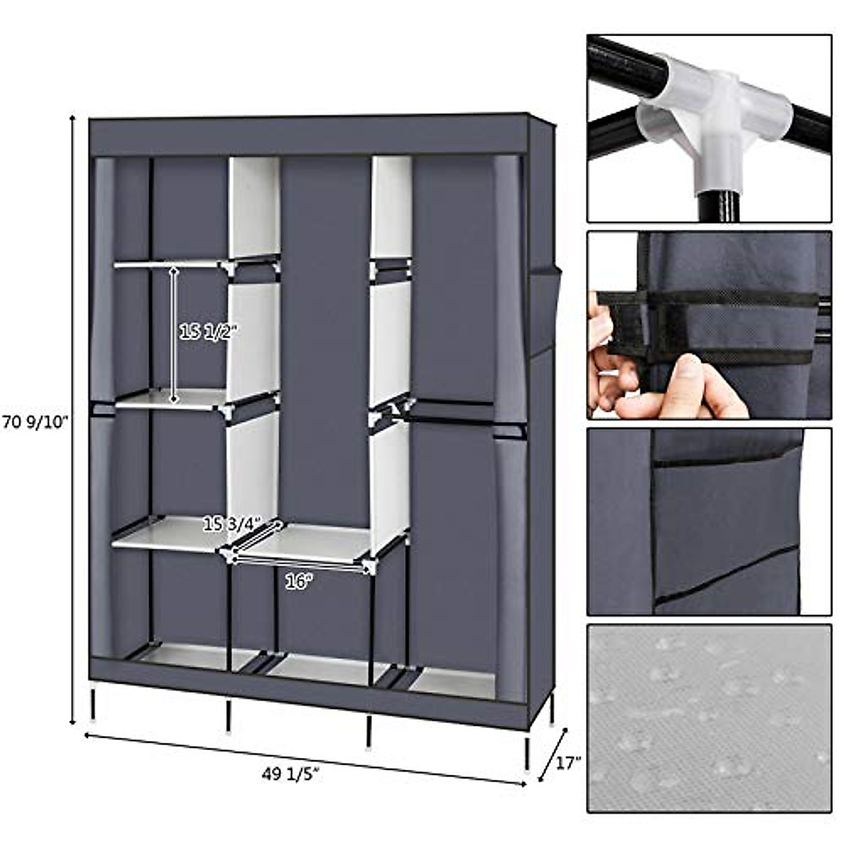 KAAYEE 71" Portable Closet Wardrobe Clothes Rack Storage Organizer with Shelf Gray, Fancy Clothes Closet, Storage Shelves, Storage Organizer