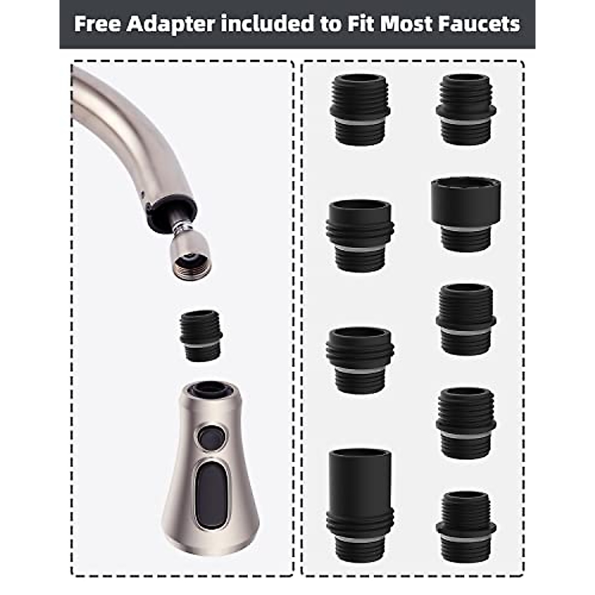 Pull Down Spray Head for Kitchen Faucet, 3-Function Kitchen Sink Spray Nozzle with 9 Adapters, Faucet Head Replacement Compatible with Moen, American Standard, Delta, Kohler Faucets, Brushed Nickel