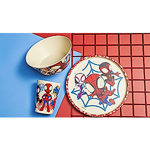 Zak Designs Marvel Spider-Man Dinnerware Set for Kids Includes 8" Plate, 6" Bowl, and 10oz Tumbler, Durable and Sustainable Melamine Bamboo Material (3-Piece Set, Spidey and His Amazing Friends)