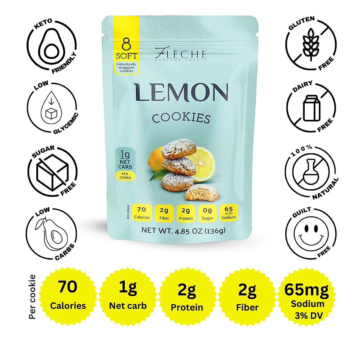 Lemon Cookies, Sugar Free, Low Fat, Gluten Free, Dairy Free, Flèche Healthy Treats, 4.85OZ (Pack of 1)