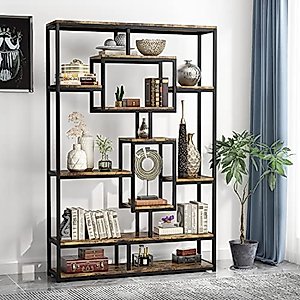 PAKASEPT 9-Shelves Bookshelf, Vintage Industrial Book Shelf Etagere Bookcase, Staggered Corner Shelf with Metal Frame Open Storage Corner Cabinet for Living Room Home Office, Retro Brown