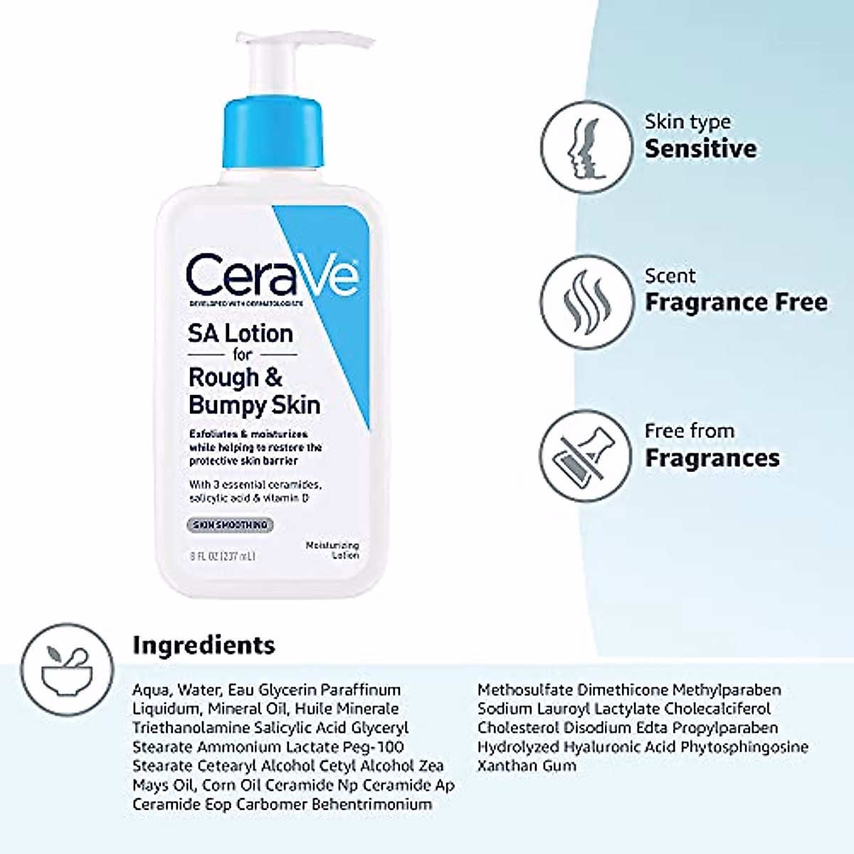 CeraVe SA Lotion for Rough & Bumpy Skin | Vitamin D, Hyaluronic Acid, Lactic Acid & Salicylic Acid Lotion | Fragrance Free & Allergy Tested | 8 Ounce