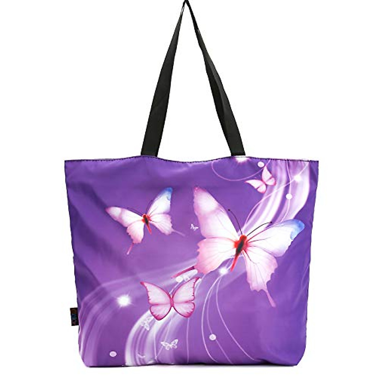 ICOLOR Light Purple Butterfly Gym Bag Shopping Tote Bags Shoulder Bag,Boys Girls Travel Beach Grocery Shoulder Bag with Zipper,Reusable Gym Picnic Work Daily Use Tote Bag(GymBag-02)
