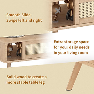 Forsho Rattan Coffee Table Mid Century Modern Coffee Table with Storage 41.3 Inch Wooden Accent Center Sofa Table with Sliding Woven Door Panel and Solid Wood Legs Perfect for Living Room