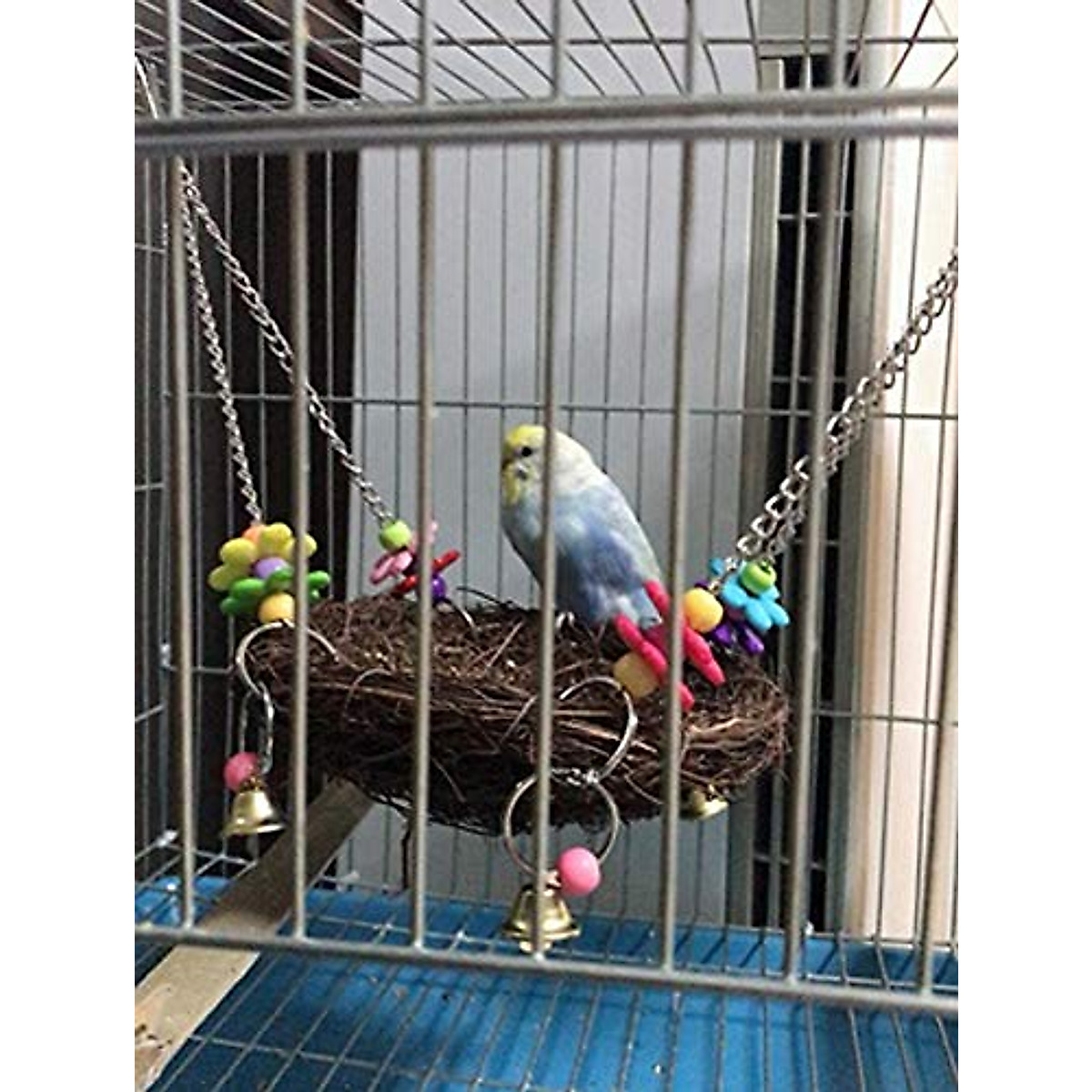 Bird Swing Nest Chew Toy with Bells Natural Rattan for Small Medium Parrots Parakeet Cockatiel Cockatoo African Grey Canary Conure Finch Lovebird Cage Accessories (S)