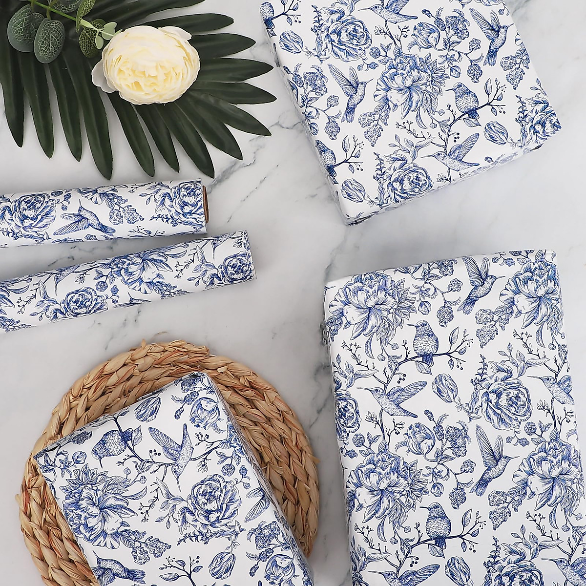 1 Roll Blue Floral Bird Wrapping Paper Mini Roll 17in x 32.8Ft Blue White Flowers Bird Pattern Gift Wrap Paper Vantege Floral Paper for Birthday Wedding Baby Shower Party Wrapping Supplies